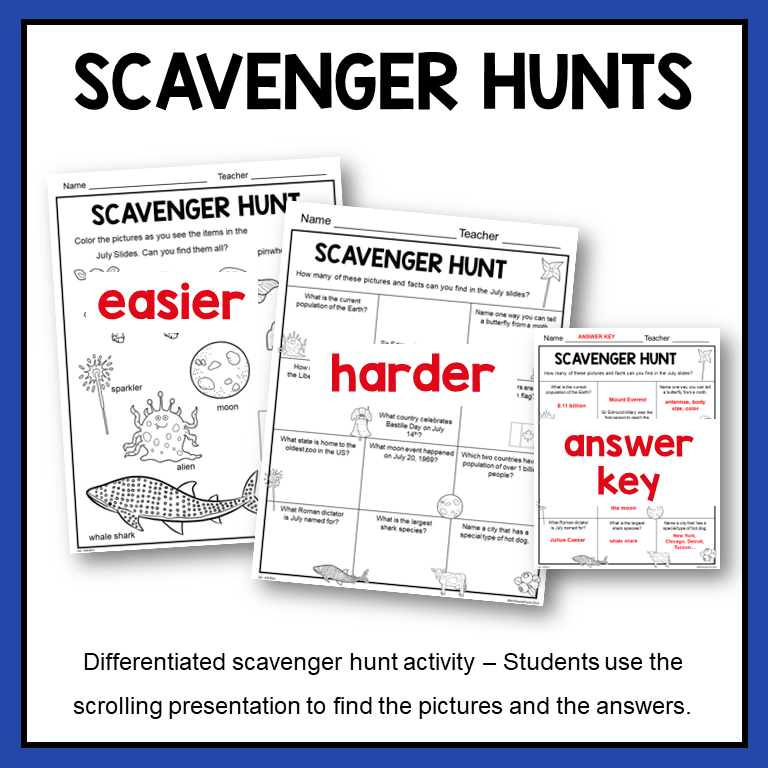 July Holidays Digital Bulletin Board & Scavenger Hunts for Elementary ...