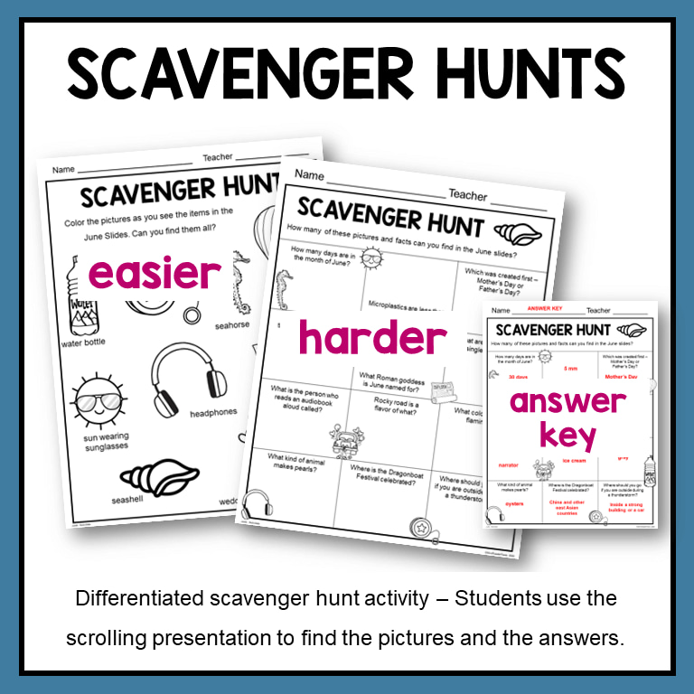 June Holidays Digital Bulletin Board & Scavenger Hunts for Elementary ...